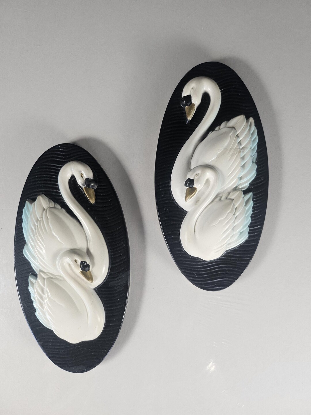 Vintage Miller Studio 1965 Chalkware Swan Bird Plaques Black White Blue ...