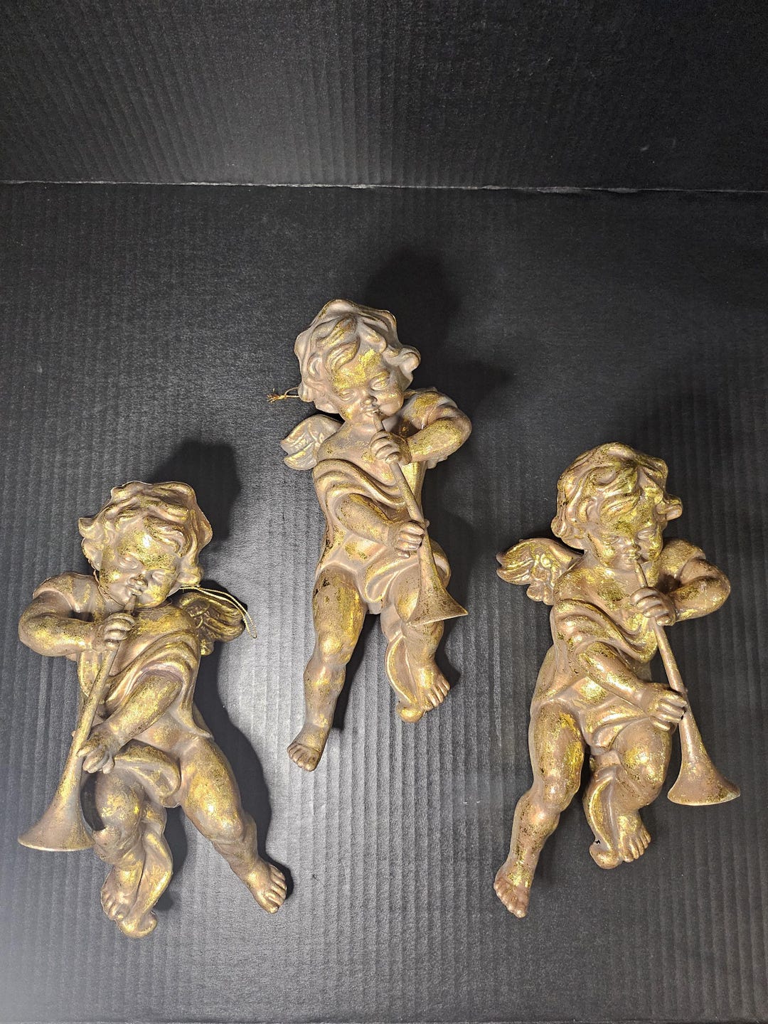 Vintage Trio of Large Cherubs in Gold Leaf Bronze Color Finish Holding ...
