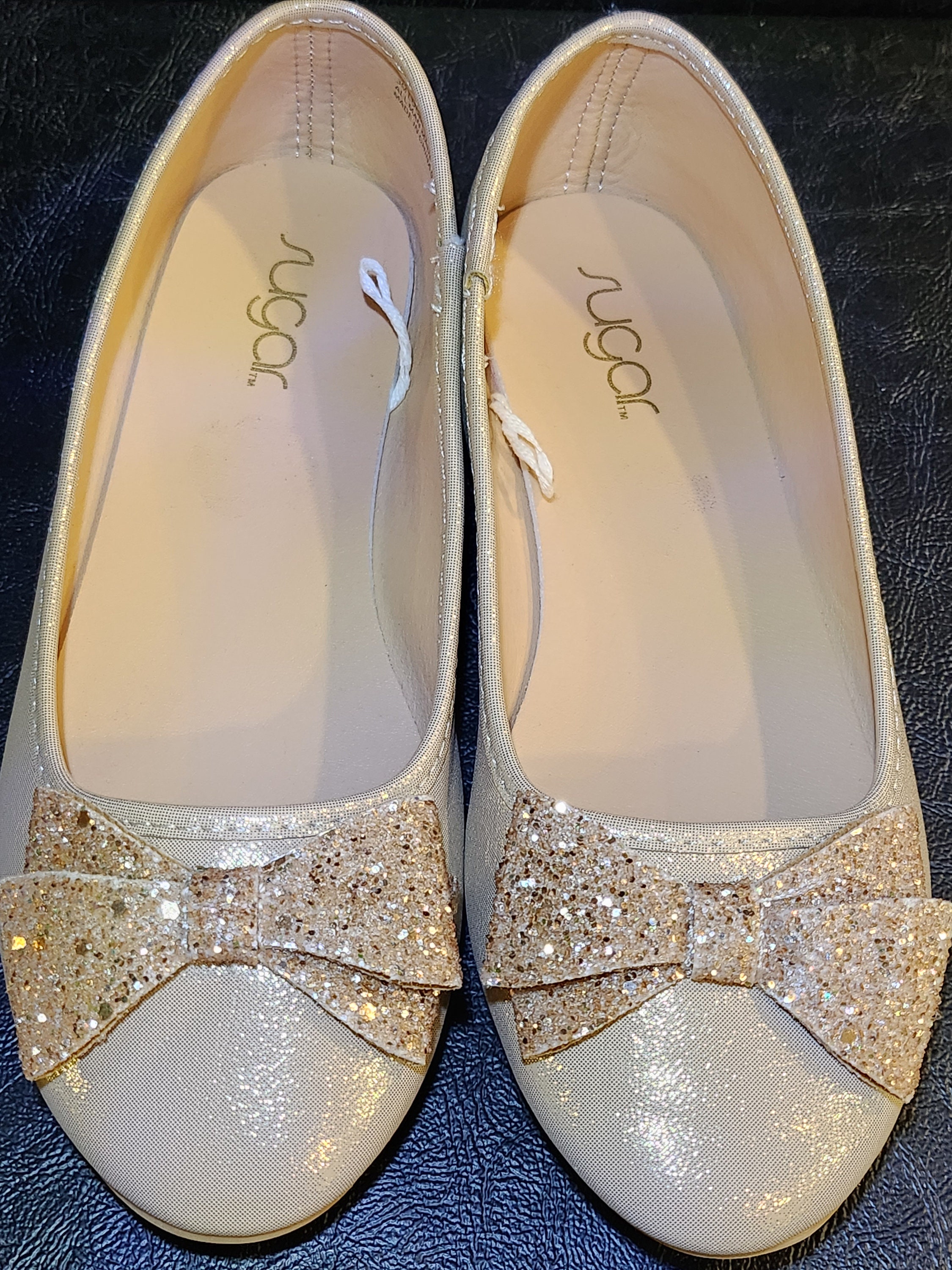 Girls Champagne Gold Shimmer Ballet Flats With Glitter Sparkle/bows ...