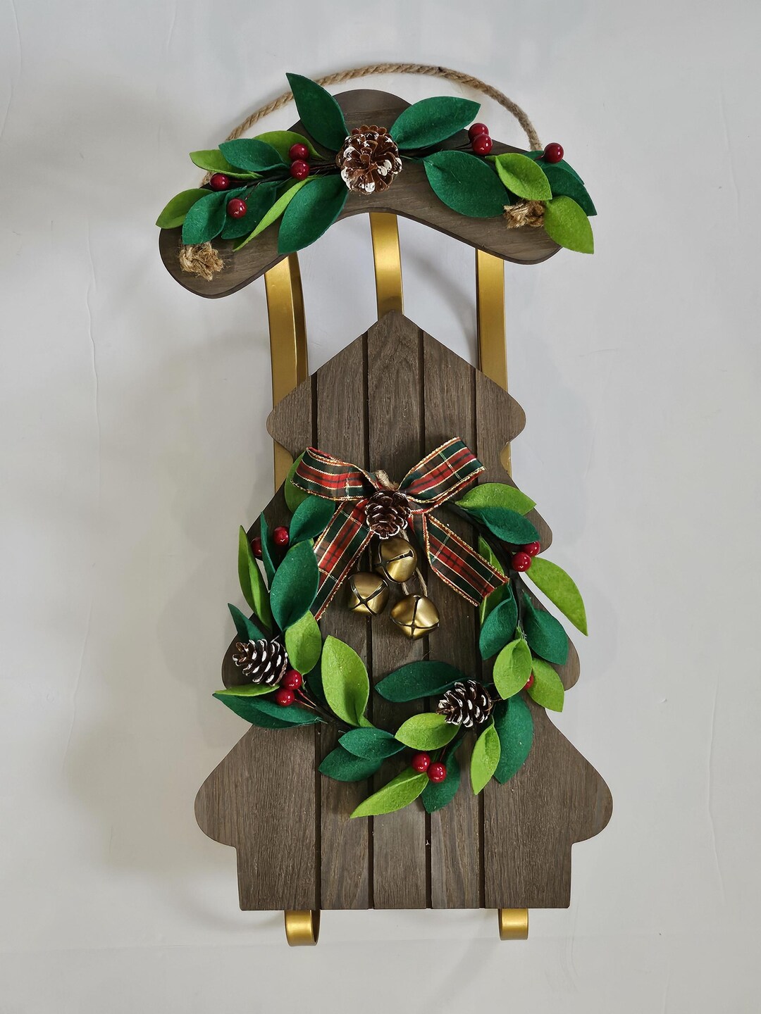 Trees Shaped Wood Christmas Sled With Holly and Berry Wreath and Bells ...