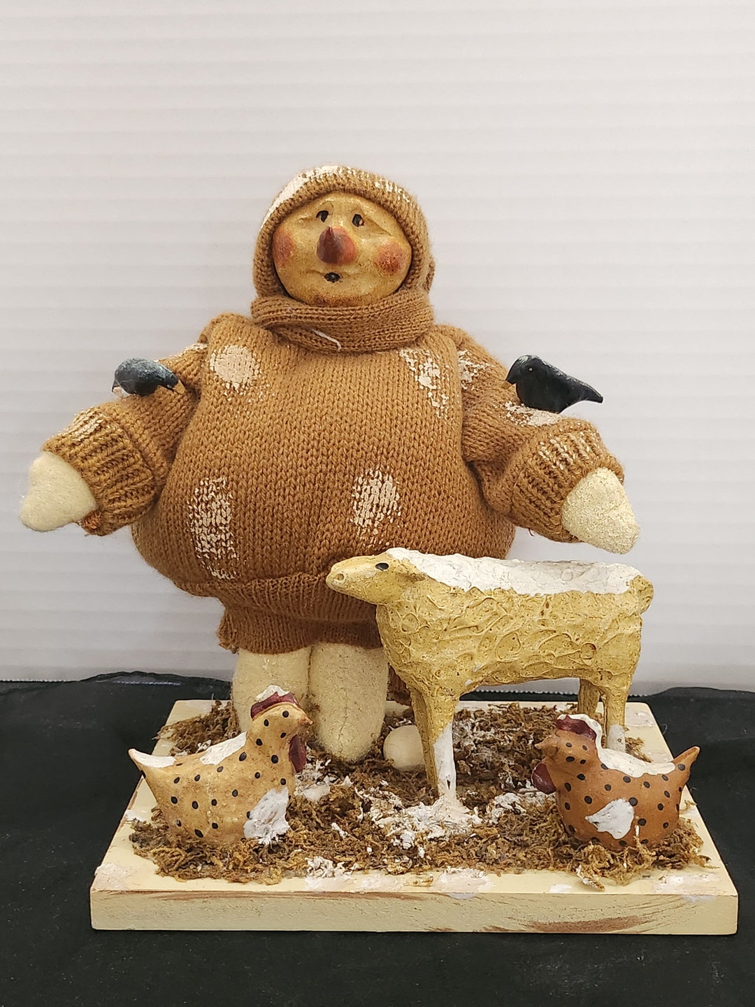 Handmade Folk Art Snowman Farm Scene With Sheep Chickens Blackbirds on ...