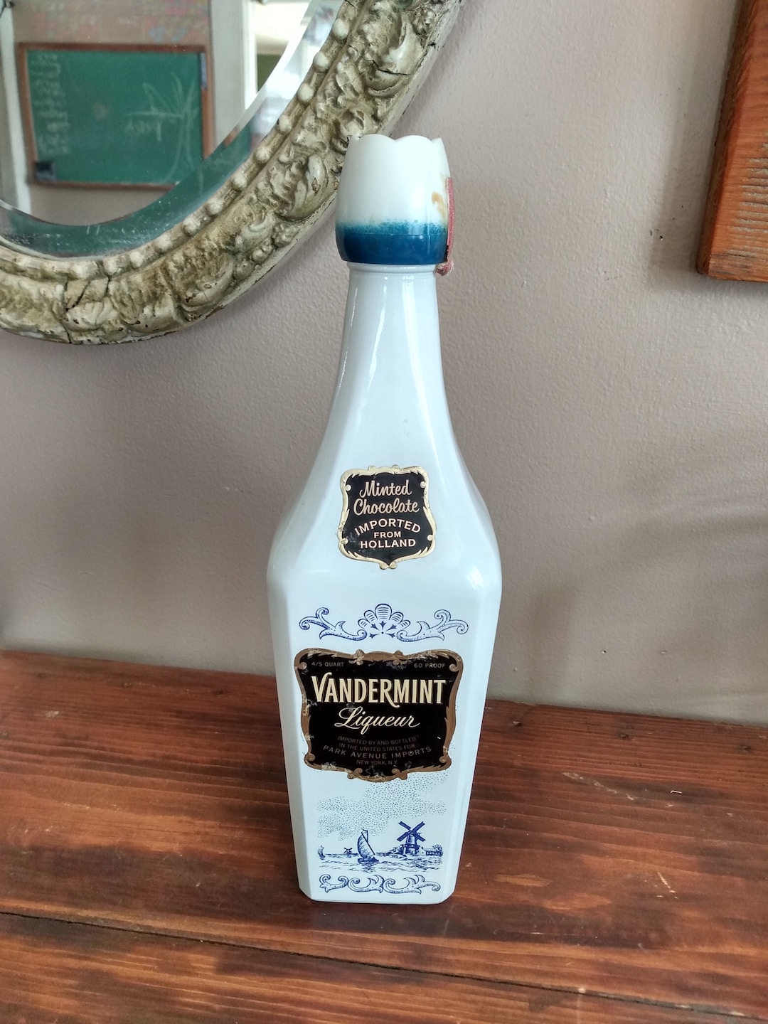 Vandermint Liqueur Decanter 1970s Milk Glass Bottle Windmills and ...