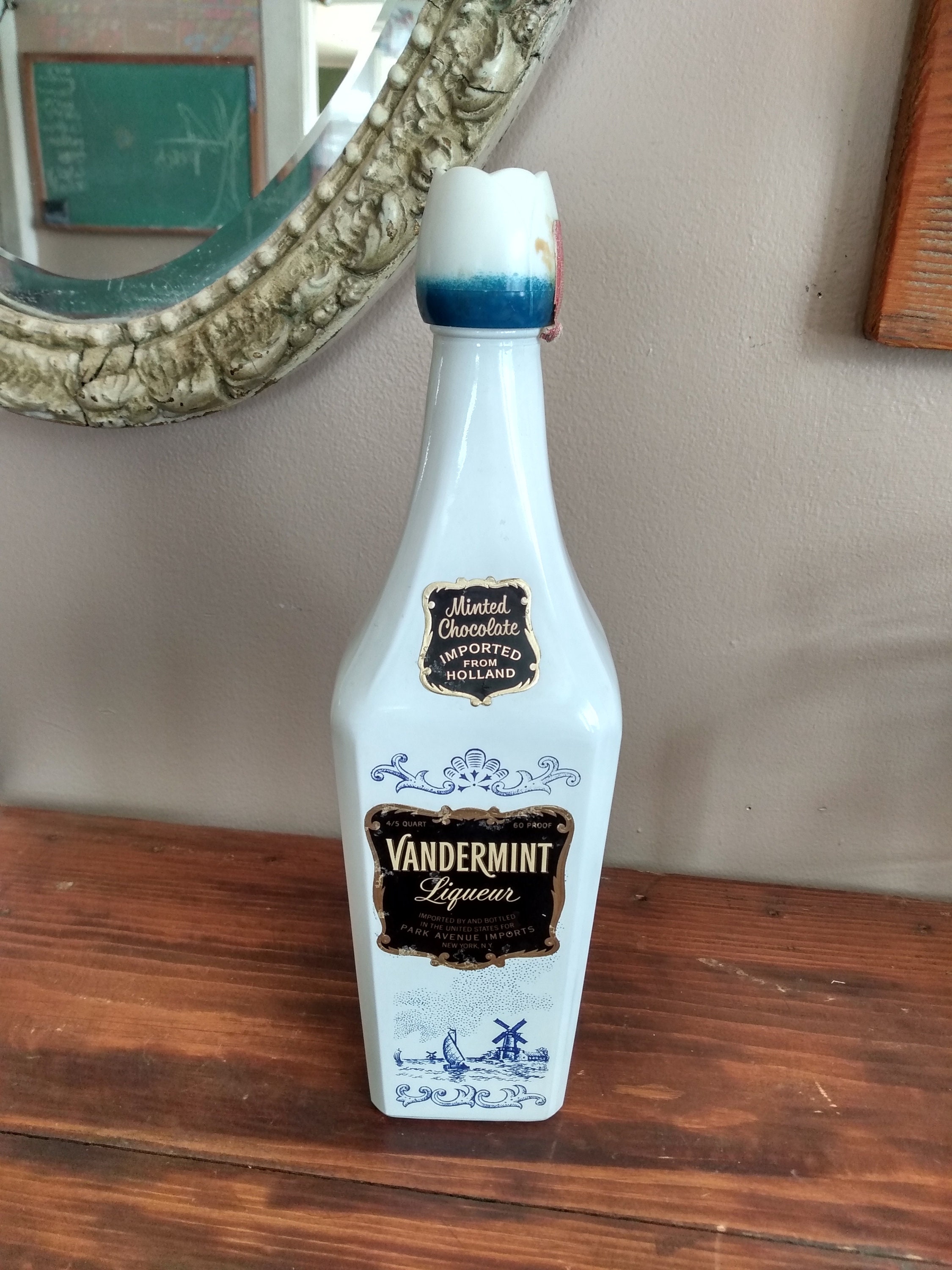 Vandermint Liqueur Decanter 1970s Milk Glass Bottle Windmills and ...