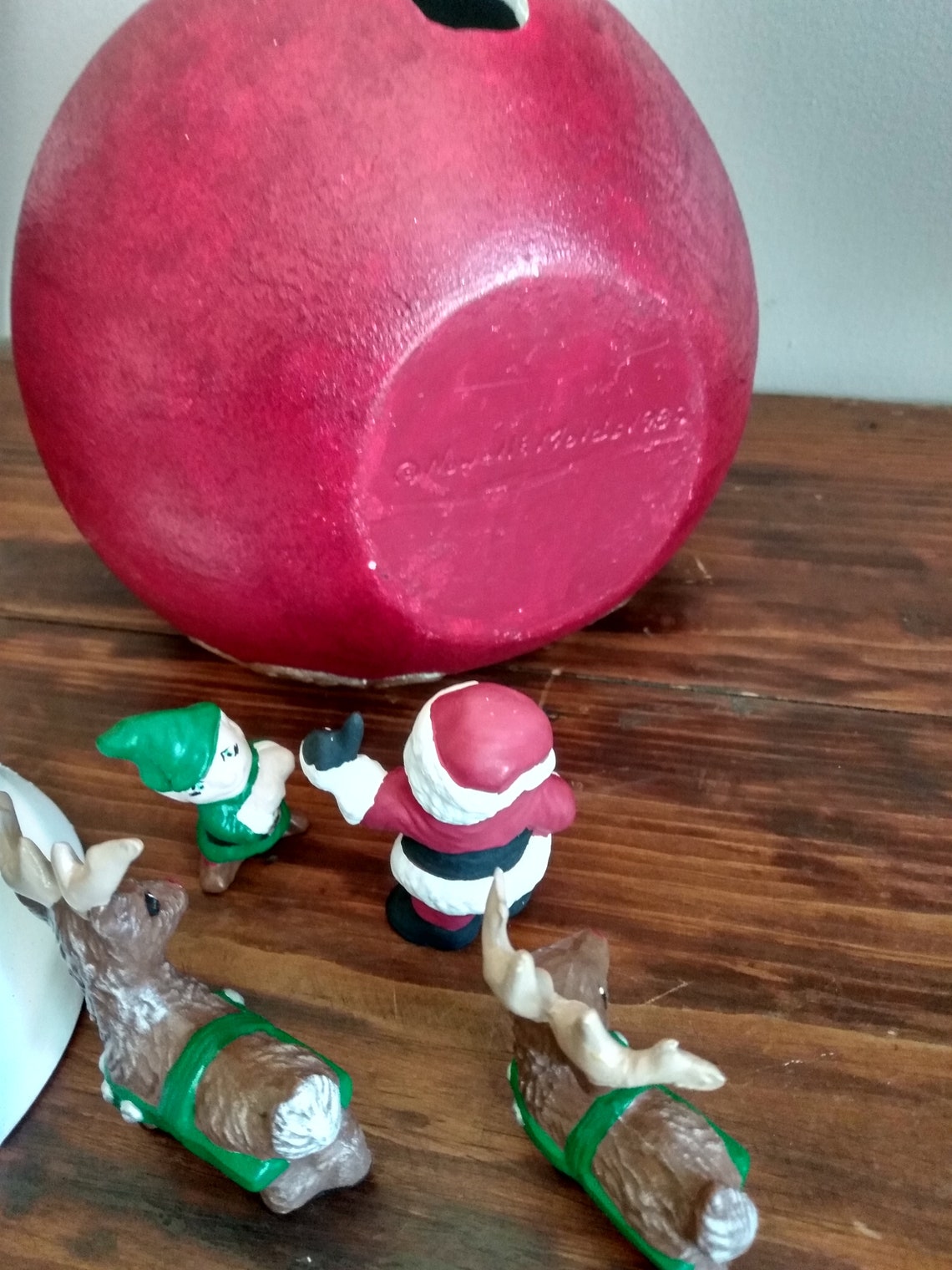 Nowell's Molds 1982 Red 10" Christmas Bulb With Santa, Reindeer and Elf ...