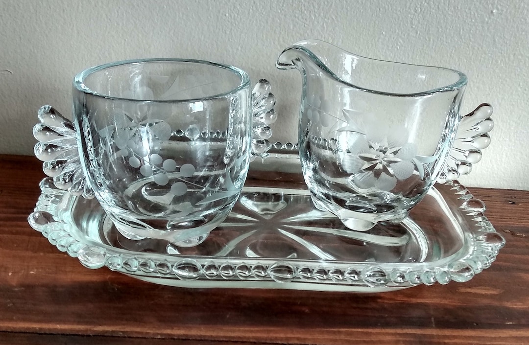 Boopie Glass Cream Pitcher, Sugar Bowl With Tray Vintage Etched Design ...