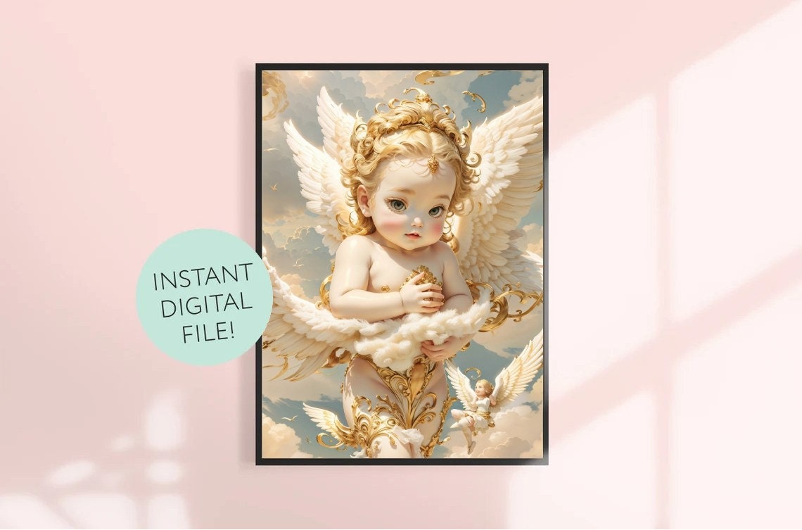 Baby Angel Digital Print. Clouds, Peaceful, Nursery Room Wall Art ...
