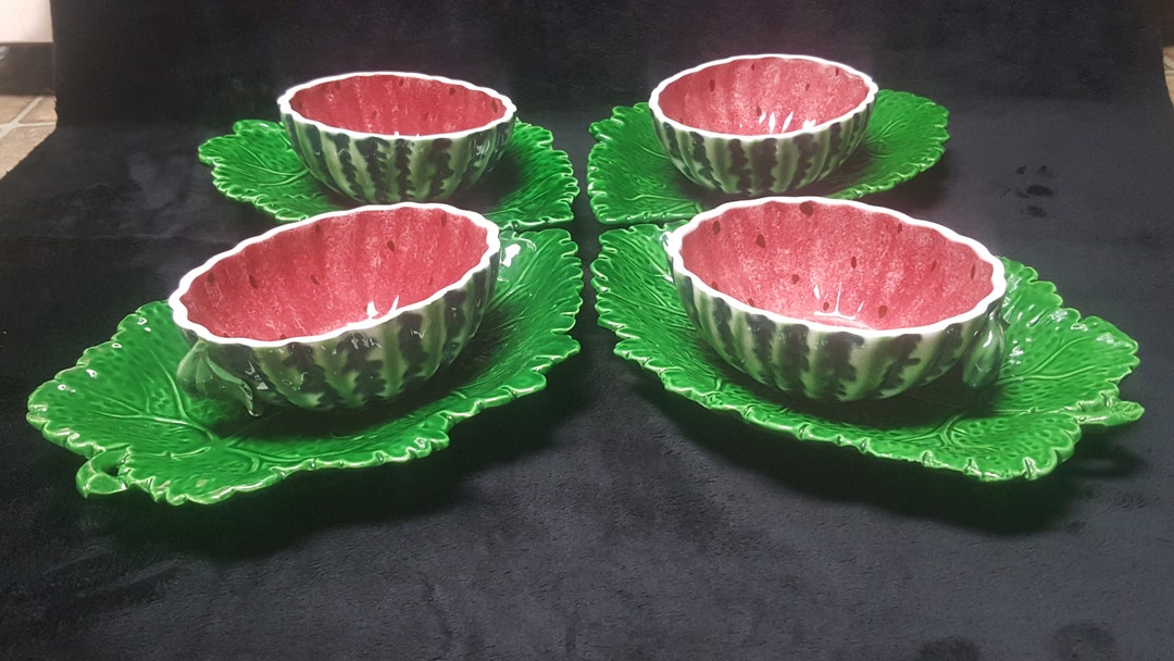 Vintage Italian Majolica Watermelon Bowls With Leaf Underplates ...