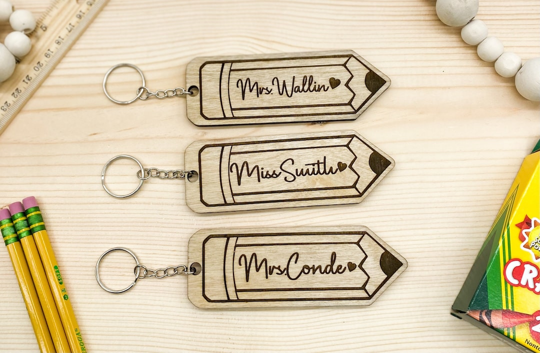 Teacher Pencil Keychain, Custom Teacher Gifts, Teacher Name Tag, Wood ...