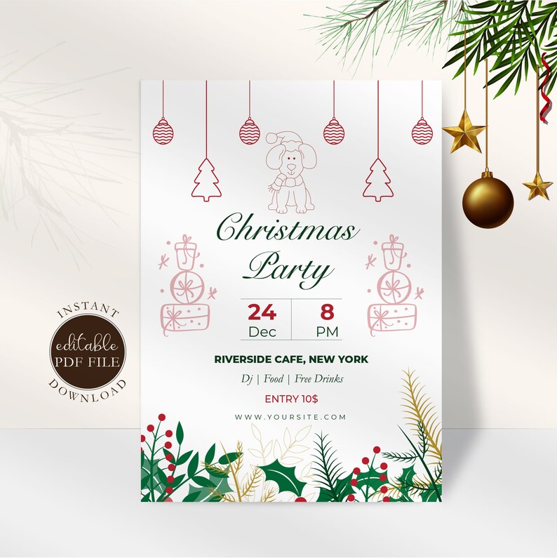 Green Christmas Party Invitation, Printable Christmas Invite, Christmas ...