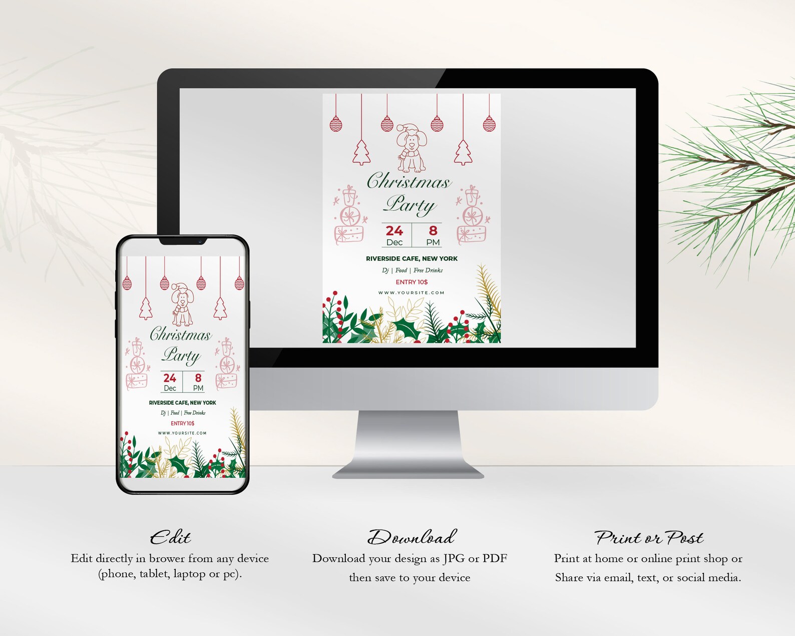 Green Christmas Party Invitation, Printable Christmas Invite, Christmas ...