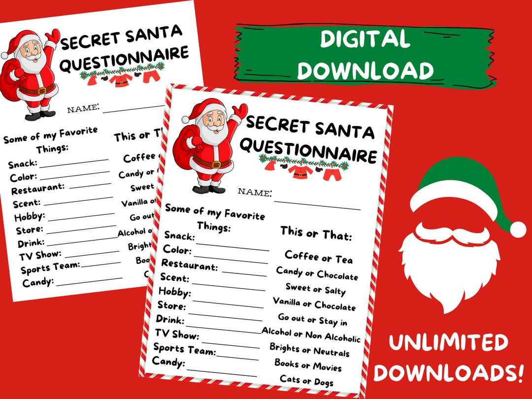 EDITABLE Secret Santa Questionnaire Printable L Secret Santa for Work L ...