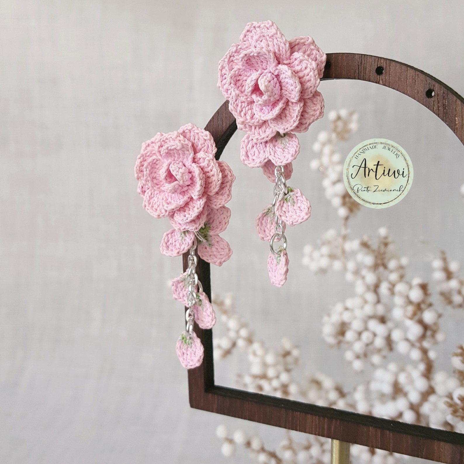 Micro Crochet Flower Rose Roses Flower Petals, Handmade Earrings With ...