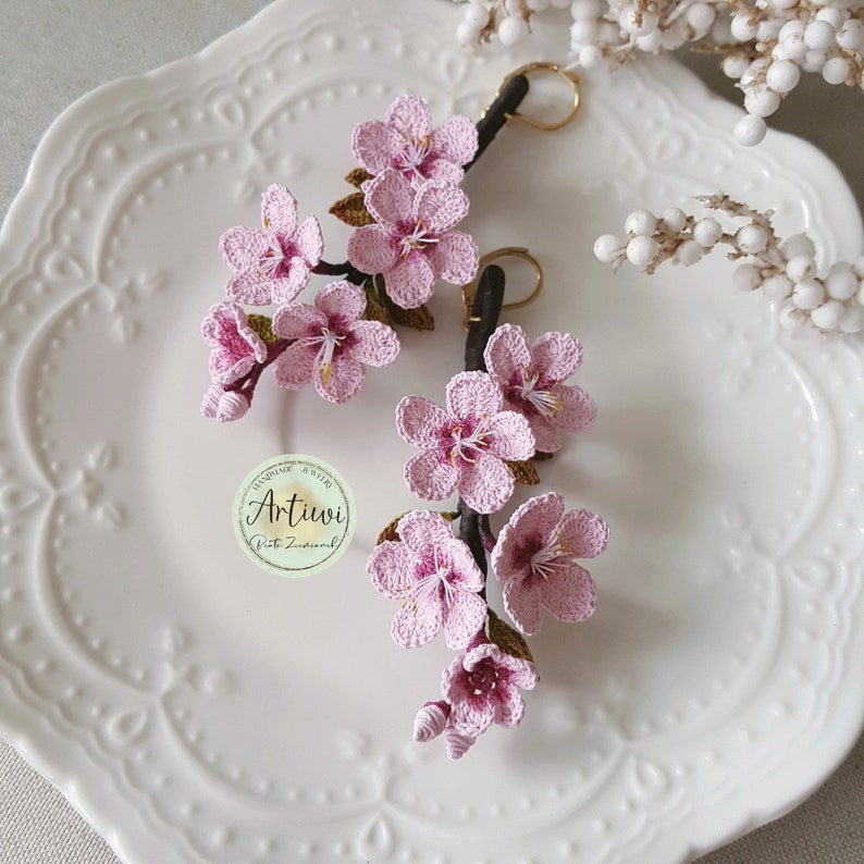 Micro Crochet Flower Cherry Blossoms Sakura , Handmade Earrings With ...