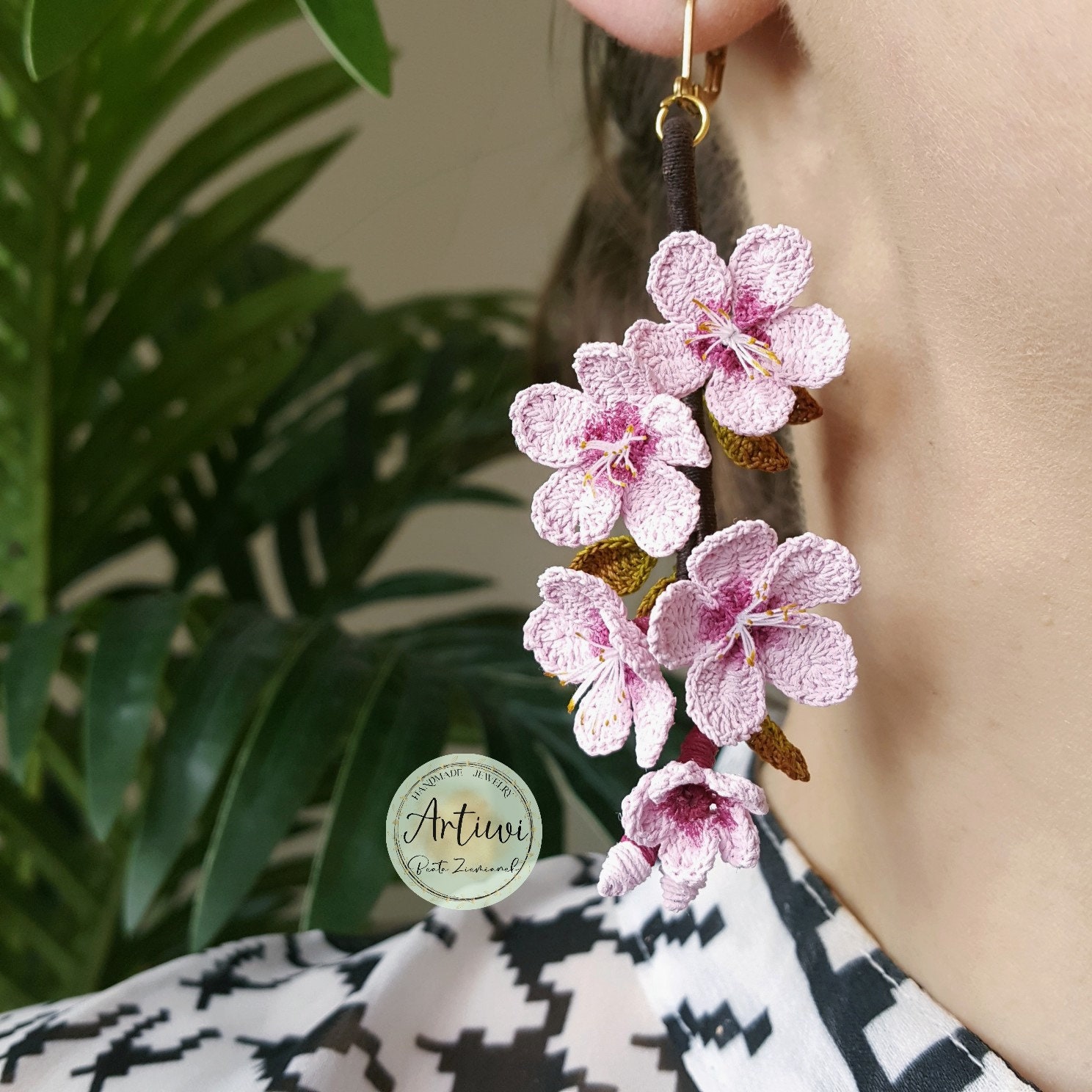 Micro Crochet Flower Cherry Blossoms Sakura , Handmade Earrings With ...