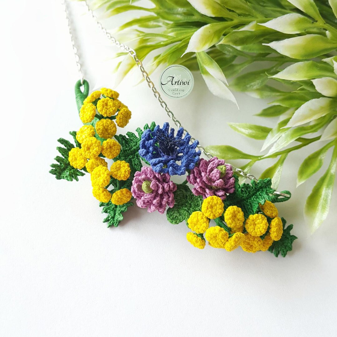 Micro Crochet Flowers Meadow Tansy Cornflower Clover, Colorful Handmade ...