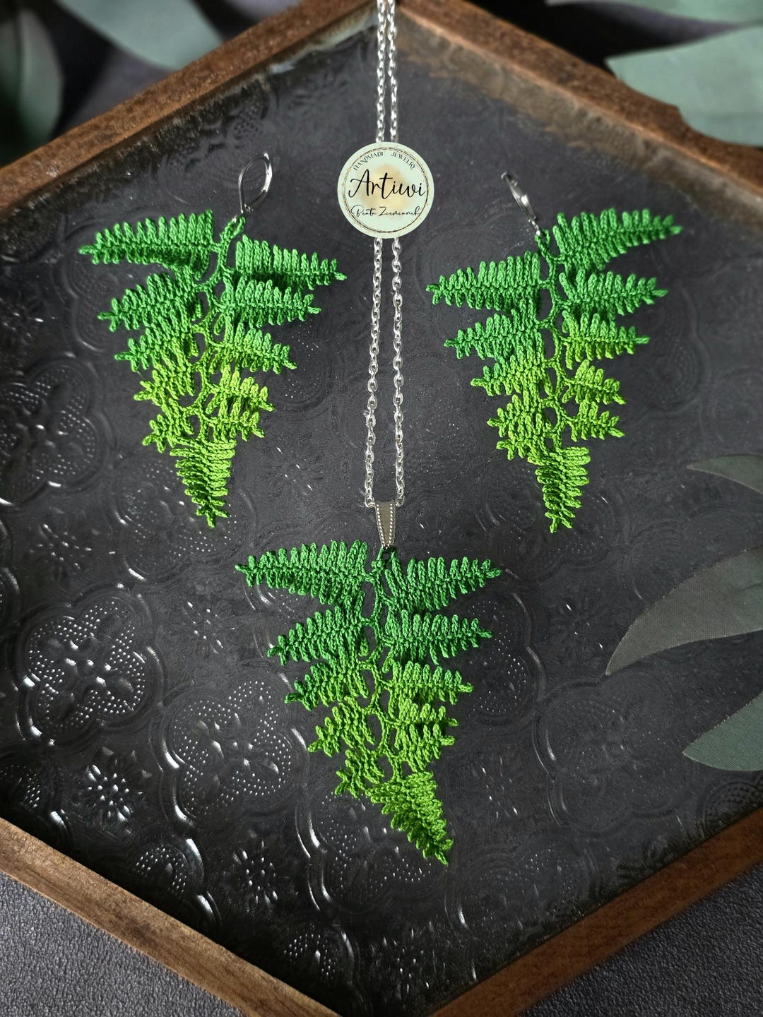 Micro Crochet Fern, Handmade Drop Earrings, Pendant, Micro Crochet ...