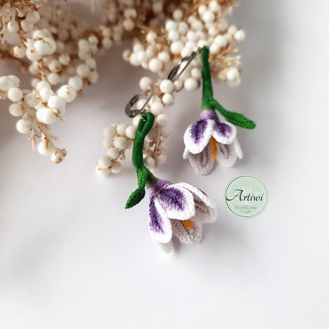 Micro Crochet Flower Crocus , Handmade Drop Earrings, Brooch With ...