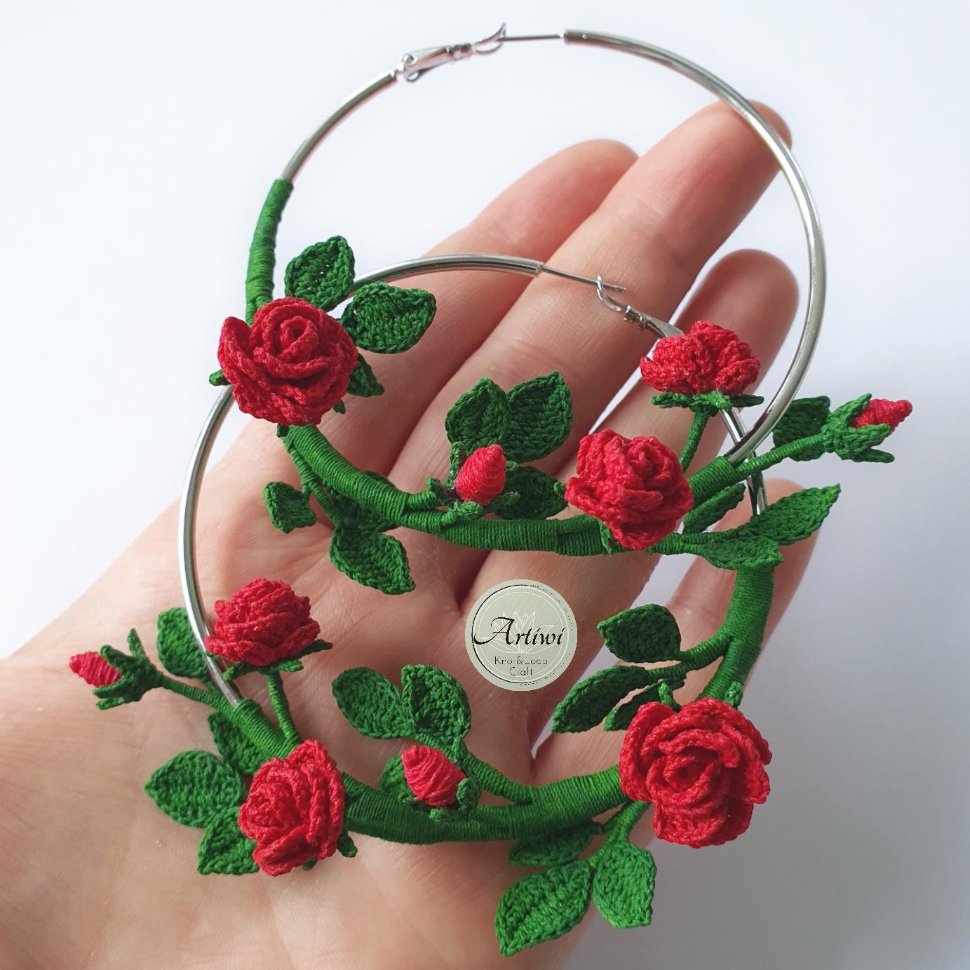 Micro Crochet Flowers Rose, Red Roses, Handmade Ring Earrings, Flowers ...