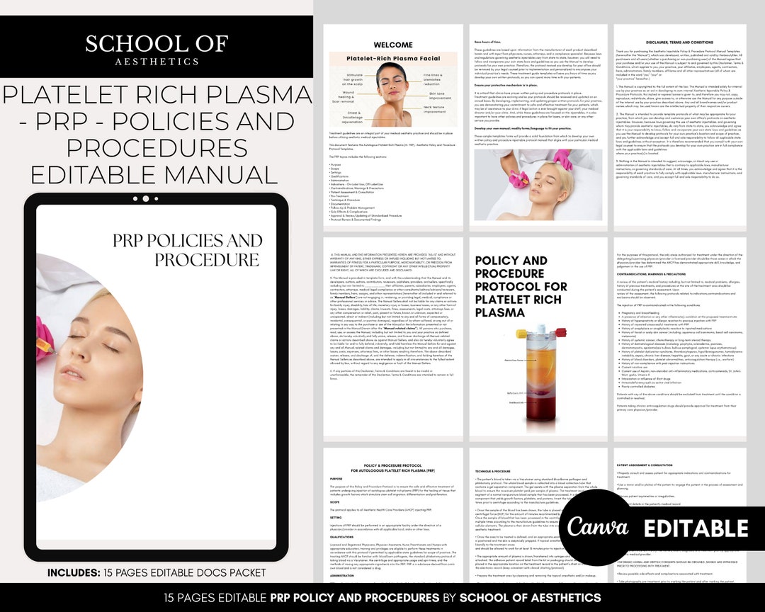 PRP Policies & Procedures Manual for Aesthetics, Platelet Rich Plasma Sops, Editable Canva ...