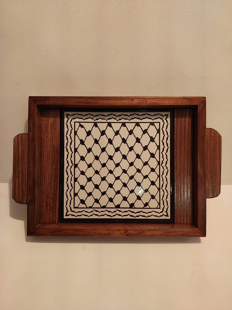 1 Handmade Ceramic Tile Tray of Kufiya Pattern , Framed in Pine Wood ...