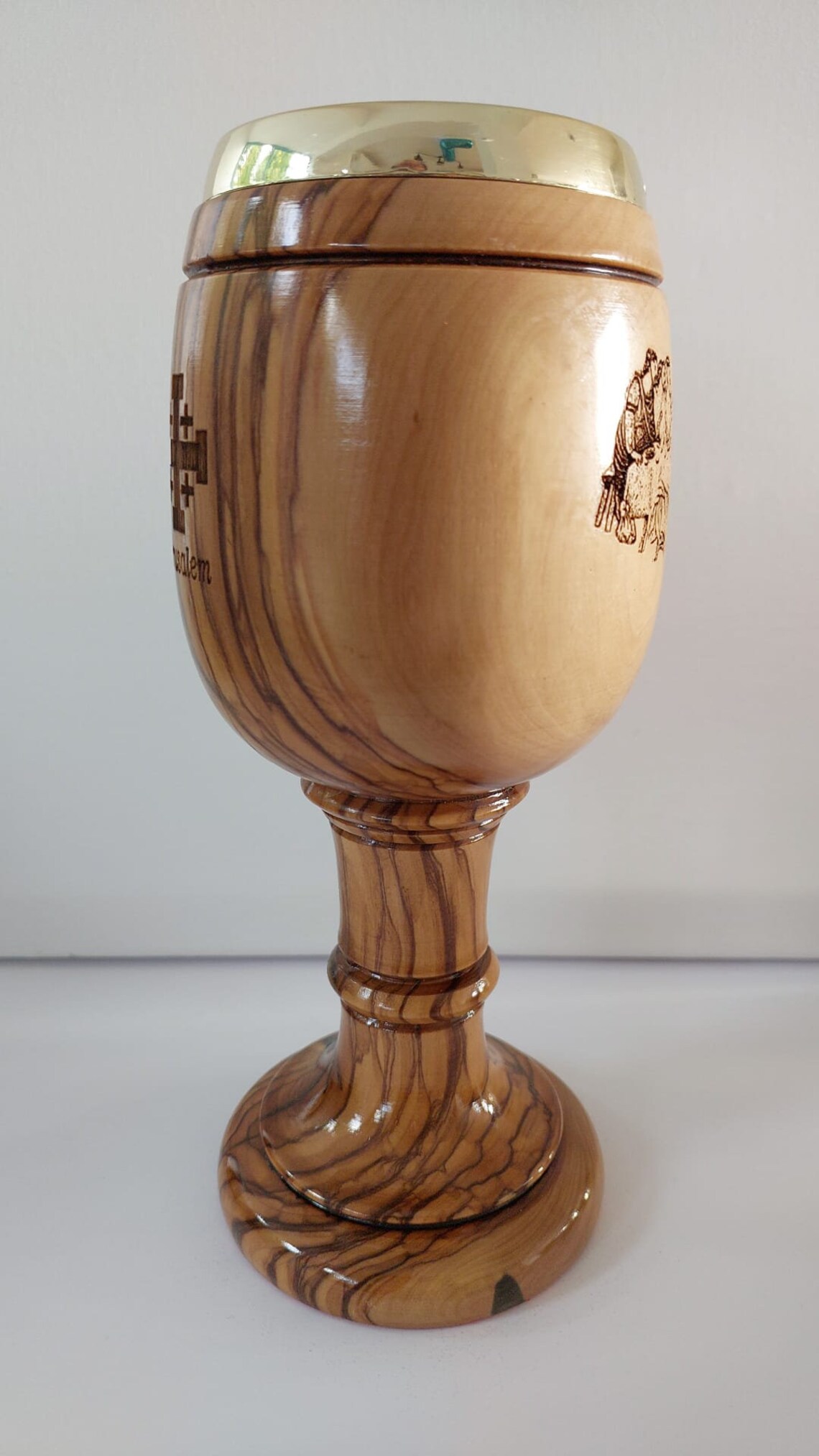 Olive Wood Chalice With Last Supper and Jerusalem Cross Engravings ...