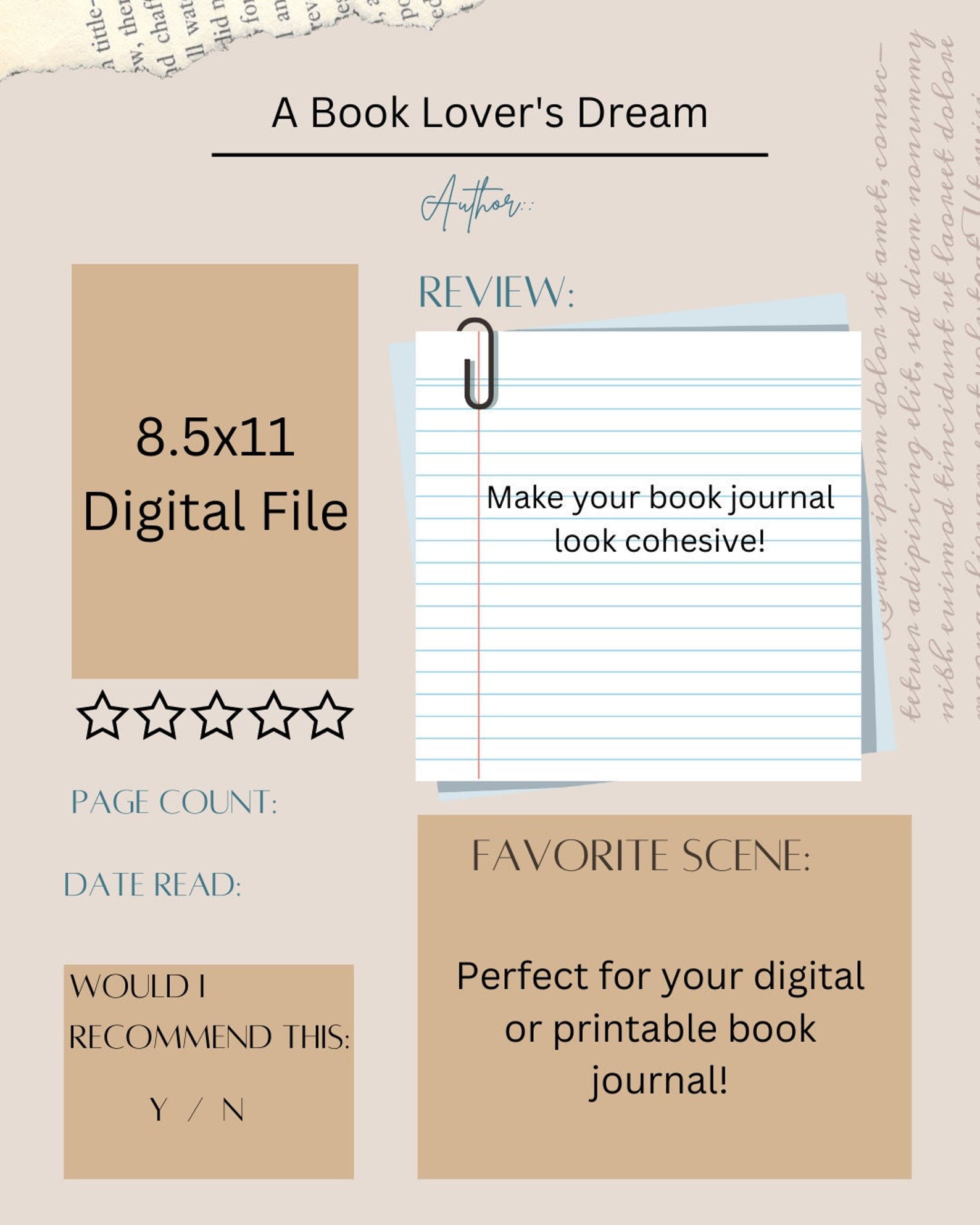 Downloadable Book Journal Template, Book Review Template, Printable ...