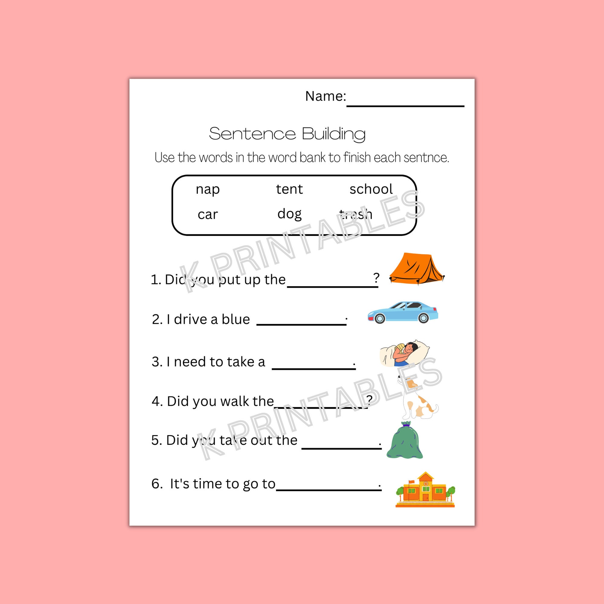 Sentence Building Worksheets for Kindergarten, Pdf, Instant Download ...