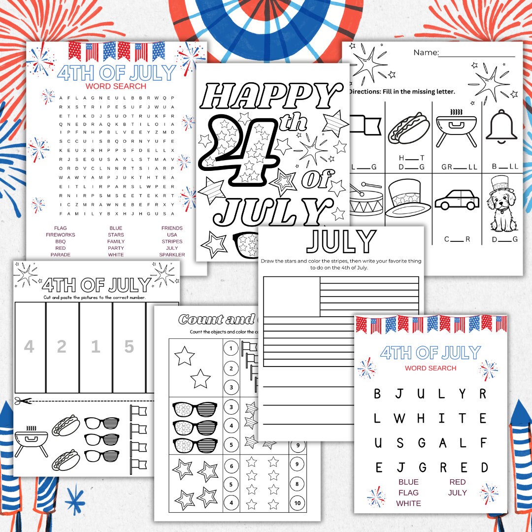 10 FUN 4TH OF JULY Worksheets, Coloring Pages, Writing Pages, Counting ...