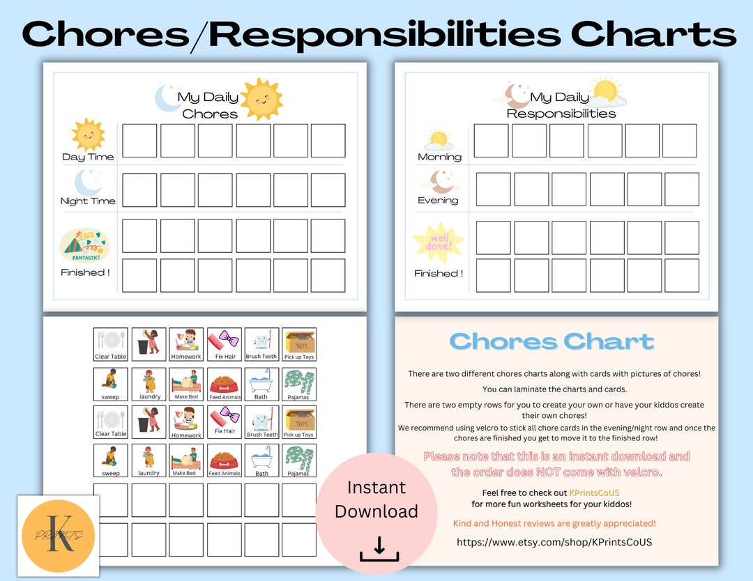 Chores/responsibilities Charts, Morning/evening, Daytime/nighttime ...