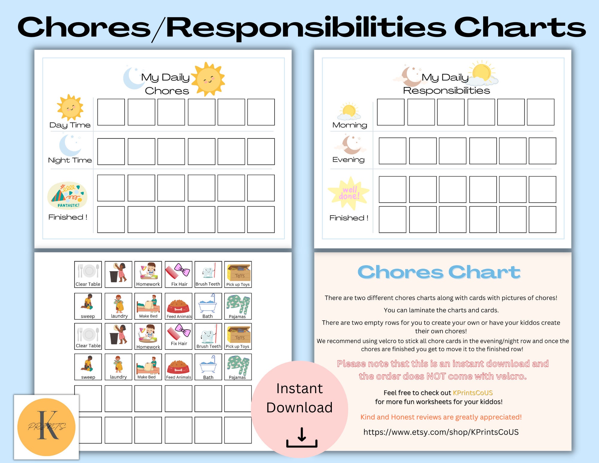 Chores/responsibilities Charts, Morning/evening, Daytime/nighttime ...