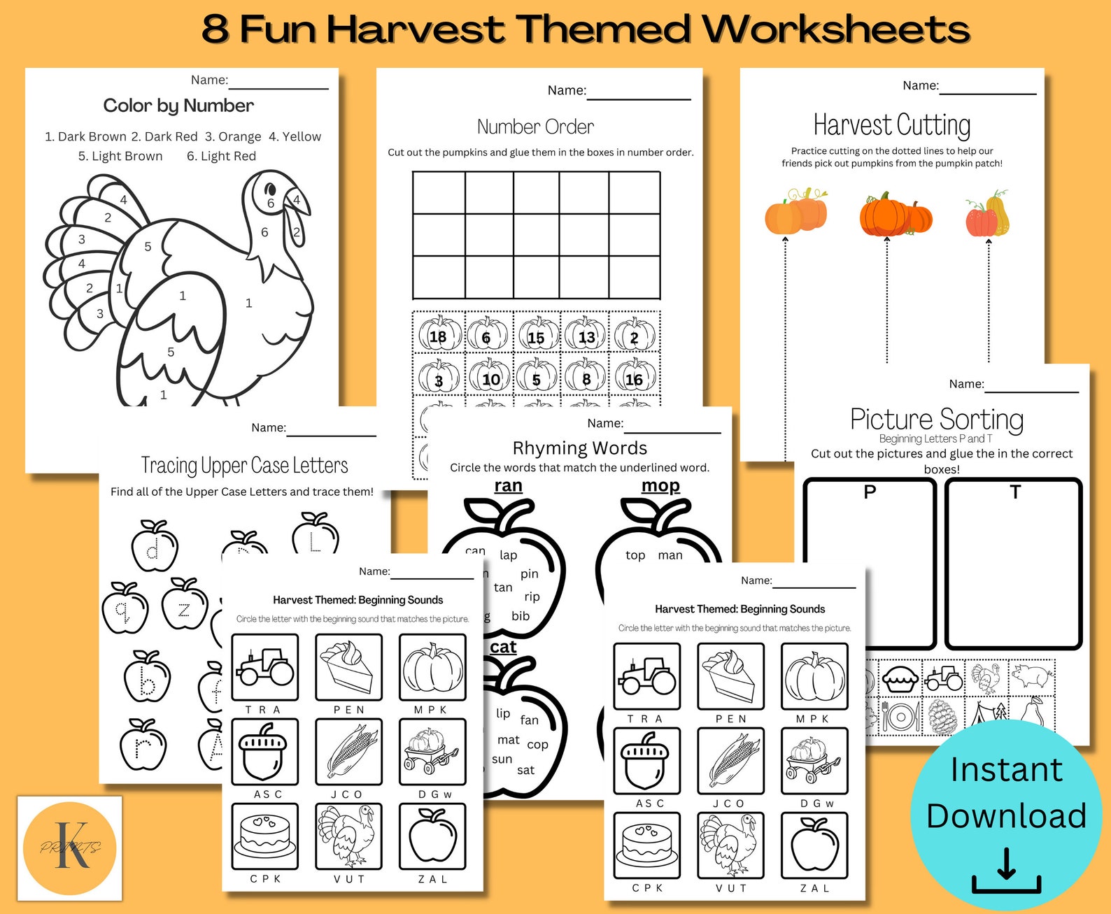 8 Fun Harvest Themed Worksheets Digital Instant Download - Etsy