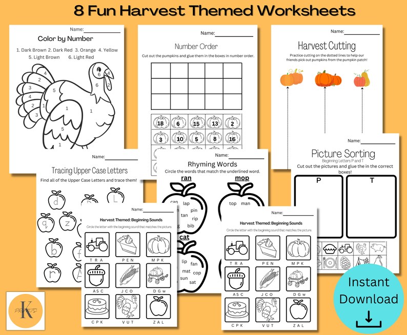 8 Fun Harvest Themed Worksheets Digital Instant Download - Etsy