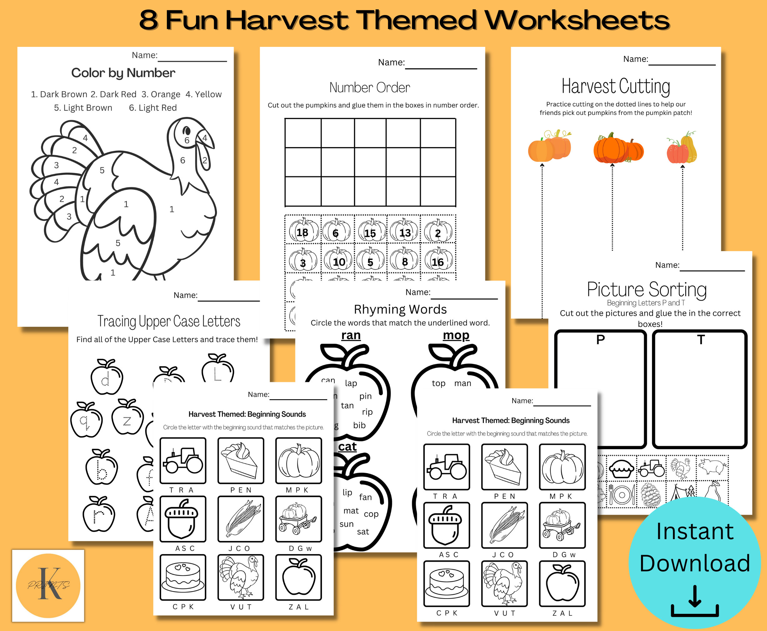 8 Fun Harvest Themed Worksheets Digital Instant Download - Etsy