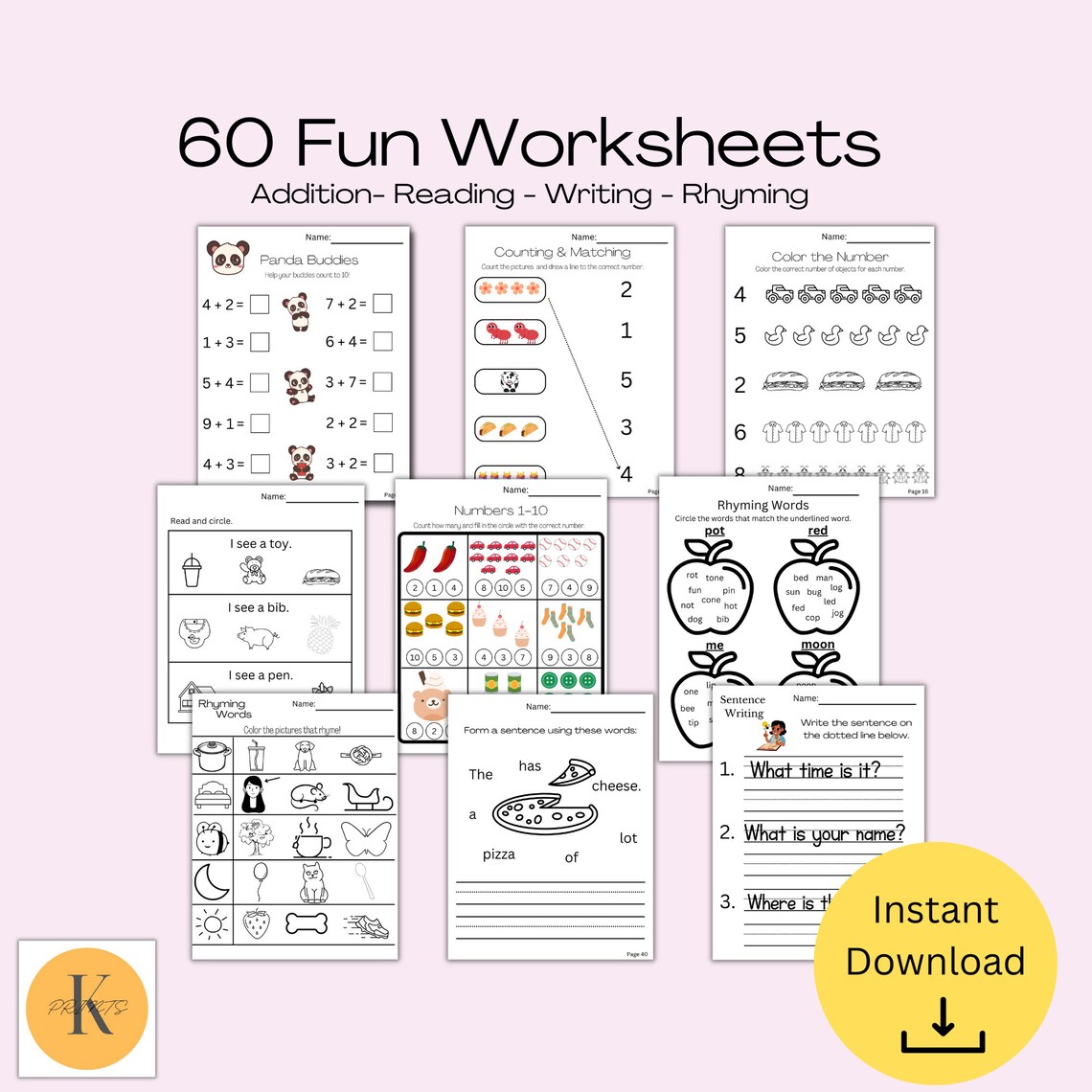 60 Summer Fun Kindergarten Worksheets, Math, Reading, Writing, Rhyming ...