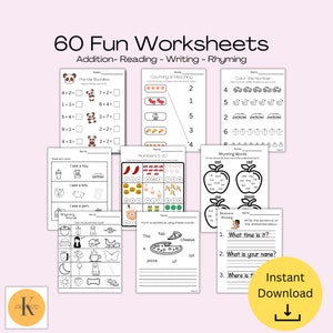 60 Summer Fun Kindergarten Worksheets, Math, Reading, Writing, Rhyming ...