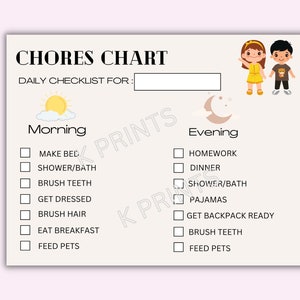 Chores Daily Checklist, Morning/evening, Jobs List, Pdf., Instant ...