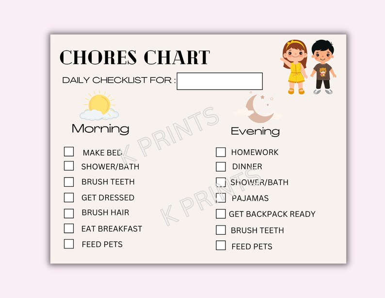 Chores Daily Checklist, Morning/evening, Jobs List, Pdf., Instant ...