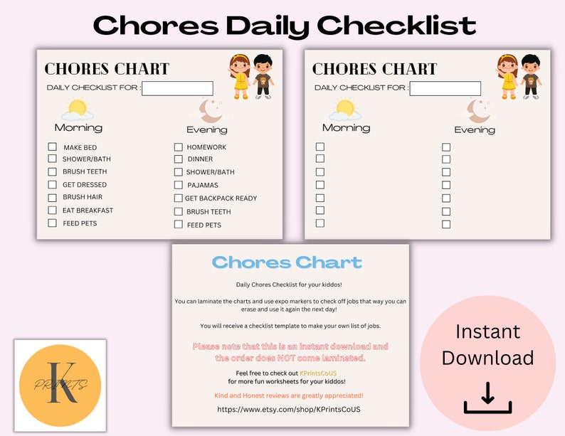 Chores Daily Checklist, Morning/evening, Jobs List, Pdf., Instant ...