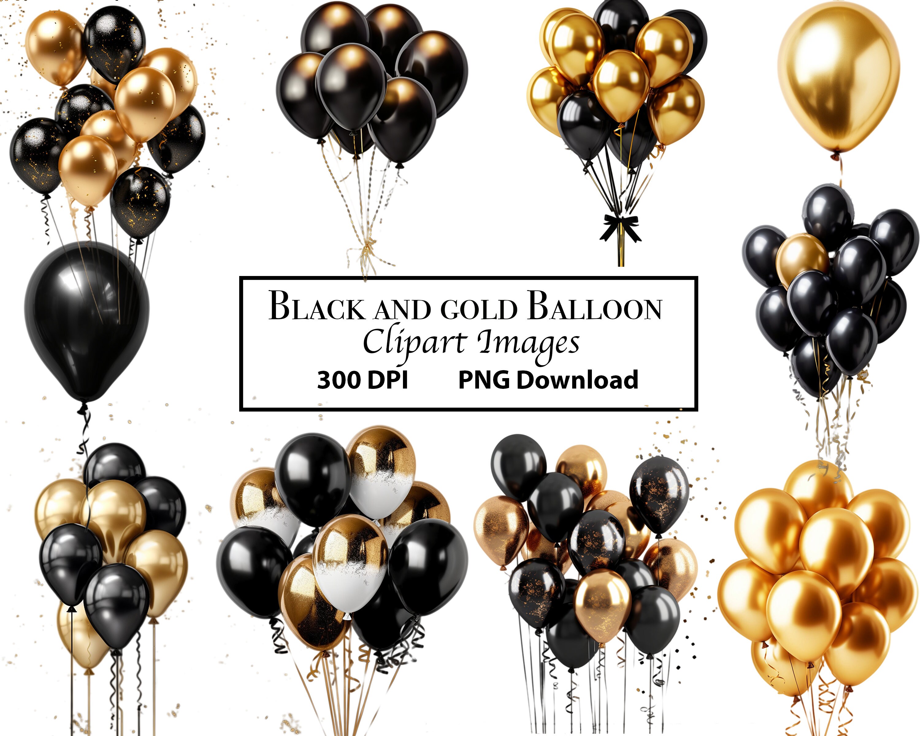 10 Black and Gold Balloon Clipart Images, Digital Overlays With ...