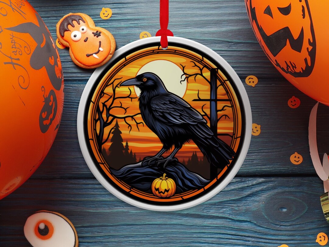 Halloween Ornament Raven Full Moon Crows, Halloween Decoration, Spooky ...