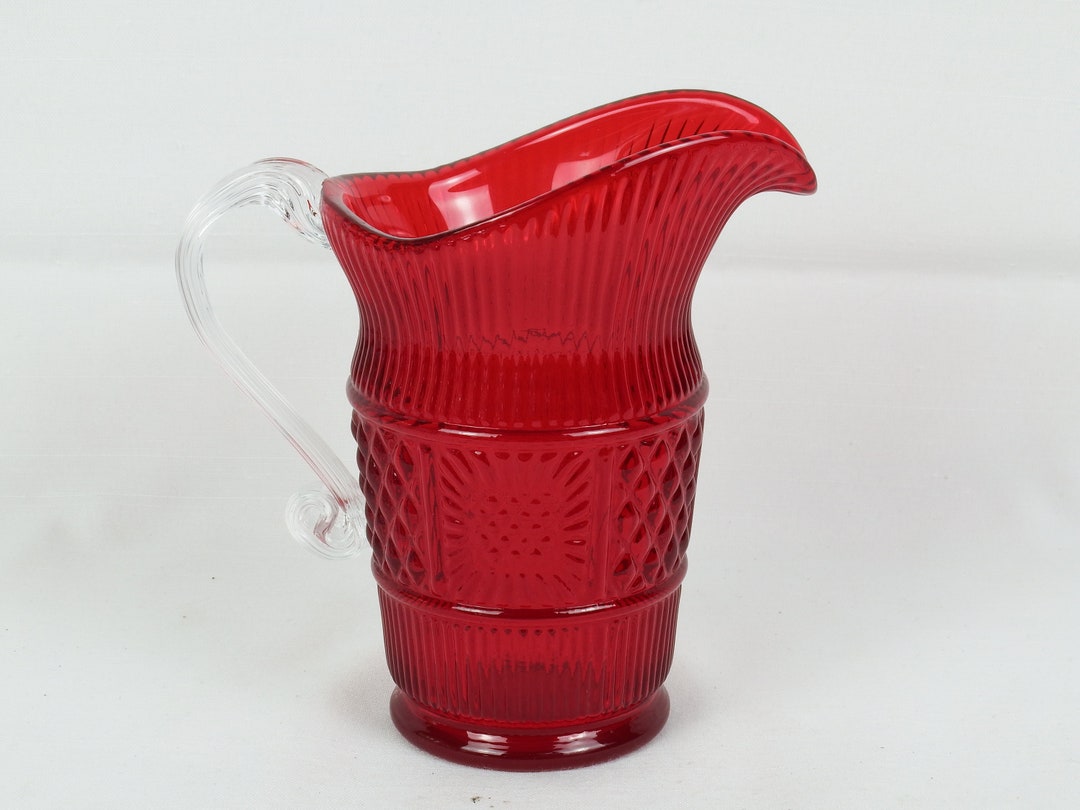 Fenton Art Glass Ribbed Cranberry Glass Pitcher With Clear Handle ...