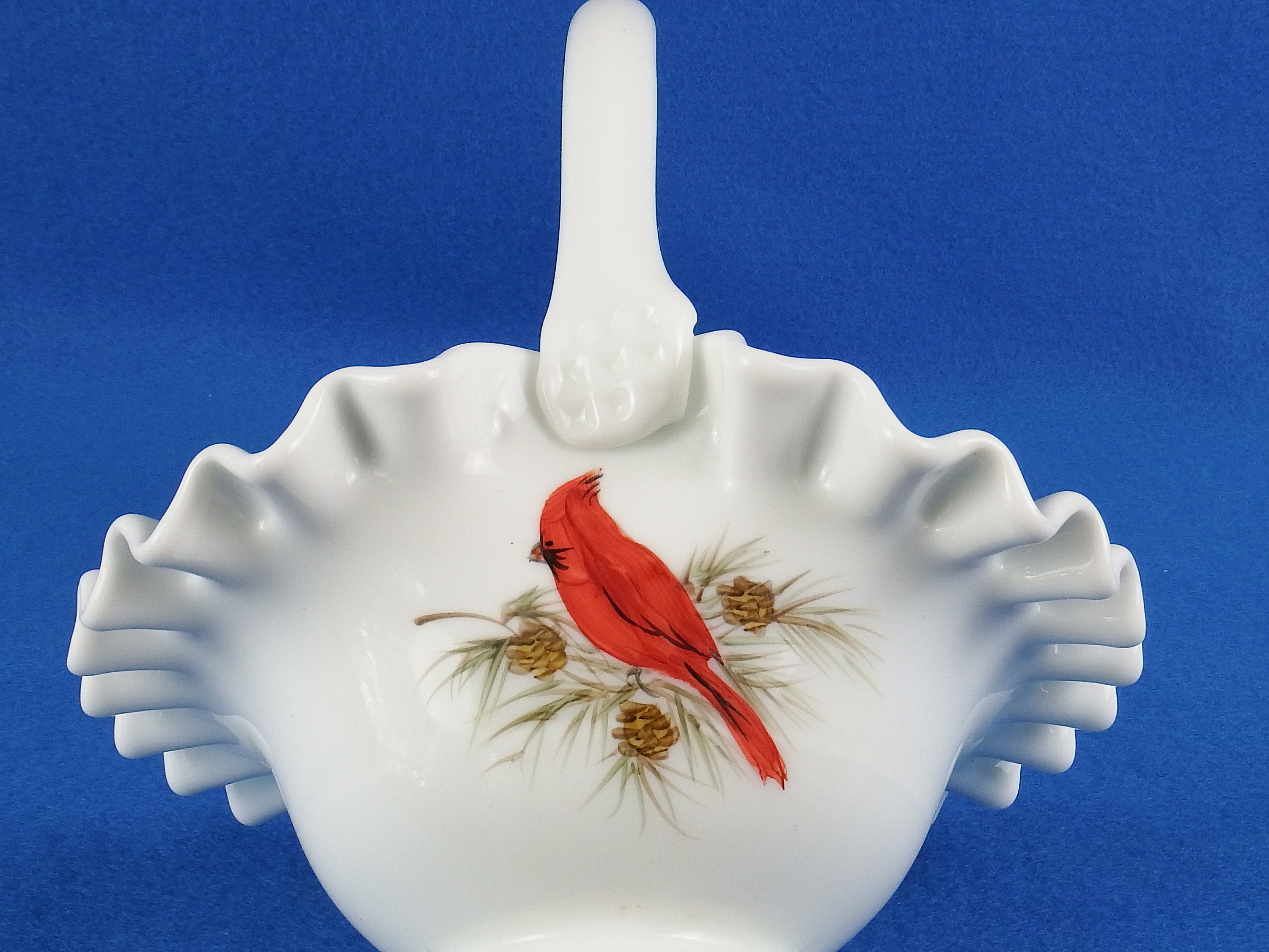 Fenton Art Glass Milk Glass Cardinal Basket, Home Decor, Glass Art ...