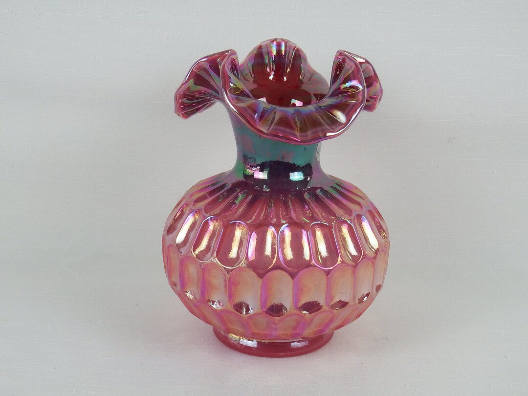 Fenton Art Glass 1998 Iridized Plum Opalescent Thumbprint Vase Signed ...