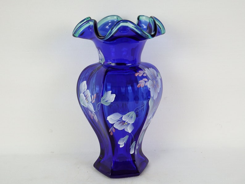 Fenton Art Glass '98 Diamond Jubilee Collection Cobalt Hexagonal Vase With Spruce Green Edge to ...
