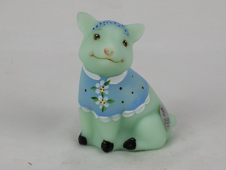 Fenton Art Glass Sea Green Satin Sitting Pig With Blue Sweater - Etsy