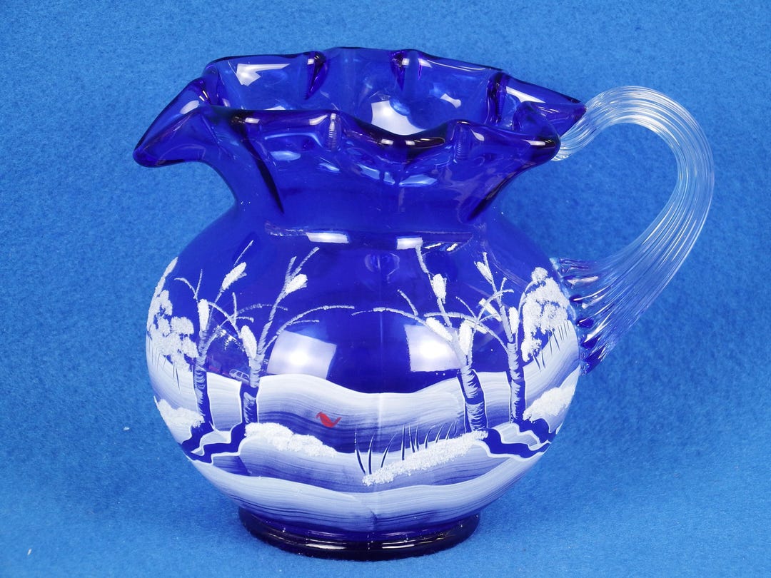 Fenton Art Glass Mary Gregory Style Cobalt Blue Pitcher, Frank Fenton ...
