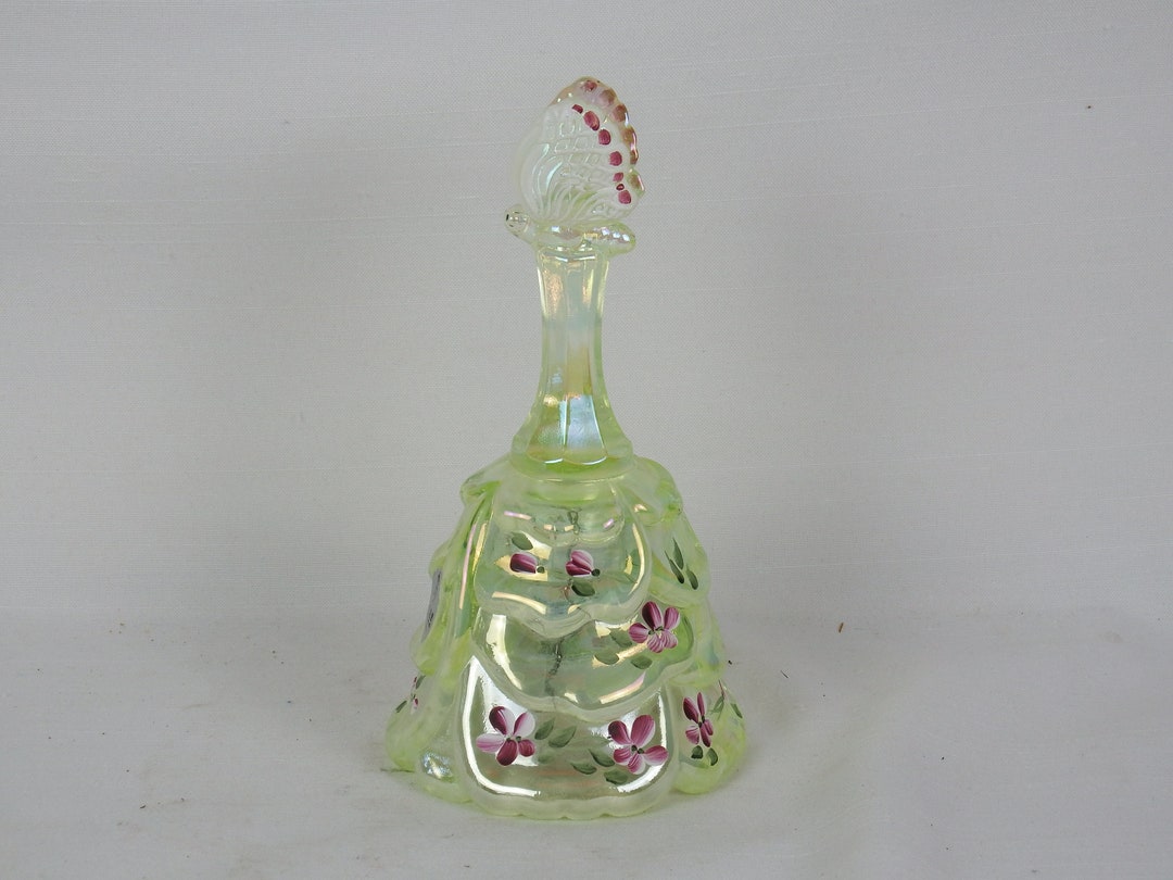 Fenton Art Glass Iridized Yellow Bell With Butterfly Handle, Glass Bell ...
