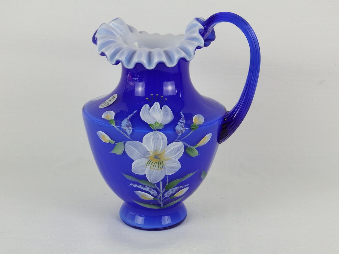 Fenton Art Glass 1999 Cobalt Overlay Pitcher With Hand Painted White ...
