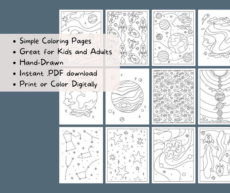 Simple Space Theme Coloring Pages 12 Pack Instant Download - Etsy