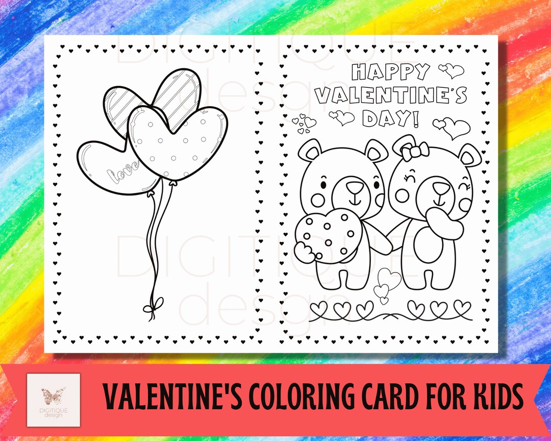 Valentine's Coloring Card, Printable Valentine's Day Cards, Kids ...